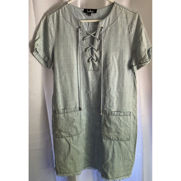 Lulus | Dresses | Lulus Light Blue Short Sleeve Denim Mini Dress Frayed ...